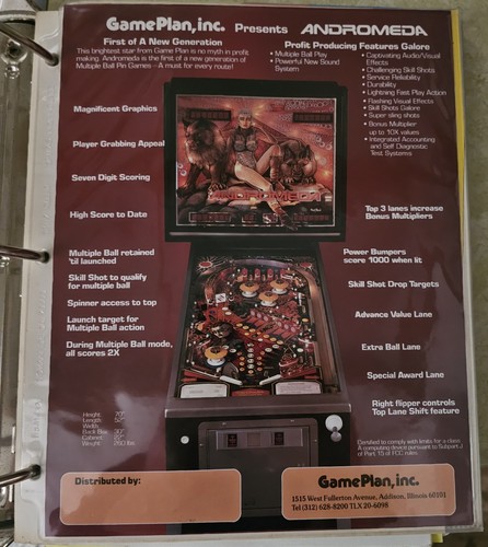 GAME PLAN ANDROMEDA PINBALL MACHINE PROMO FLYER RARE & MINT CONDITION ...