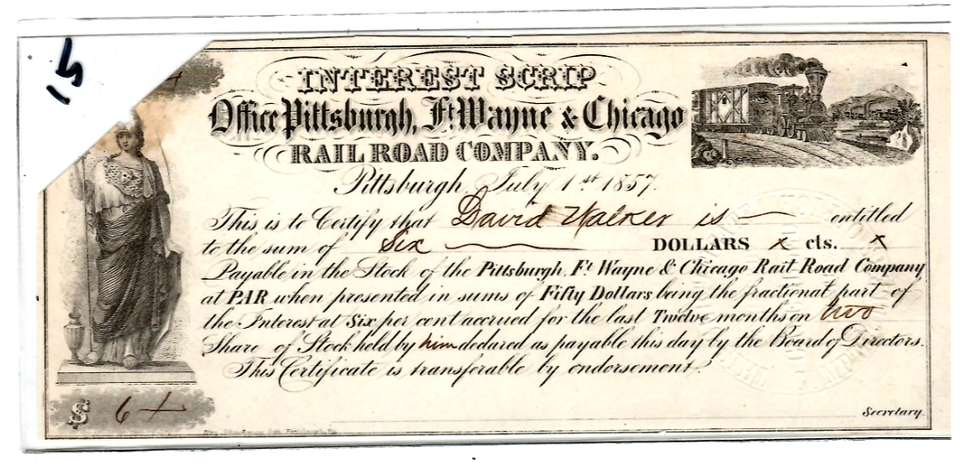 (RAILROAD SCRIP) 1857 "PITTSBURGH,FT.WAYNE, CHICAGO" (RAILROAD SCRIP ...