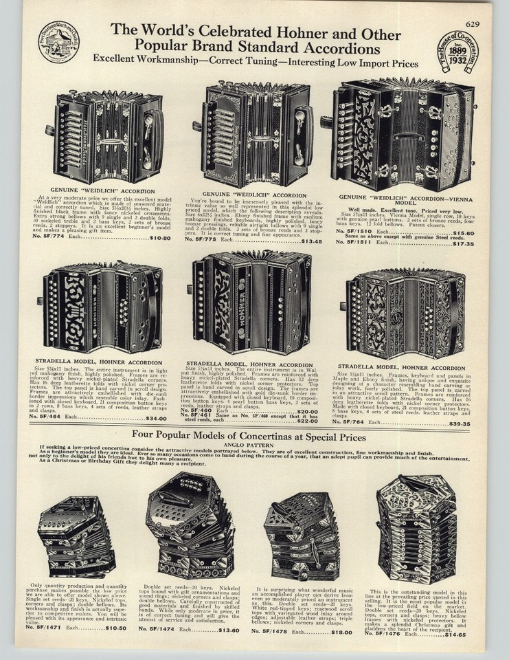 1932 PAPER AD 2 PG Hohner Piano Accordion Stradella Model Anglo ...