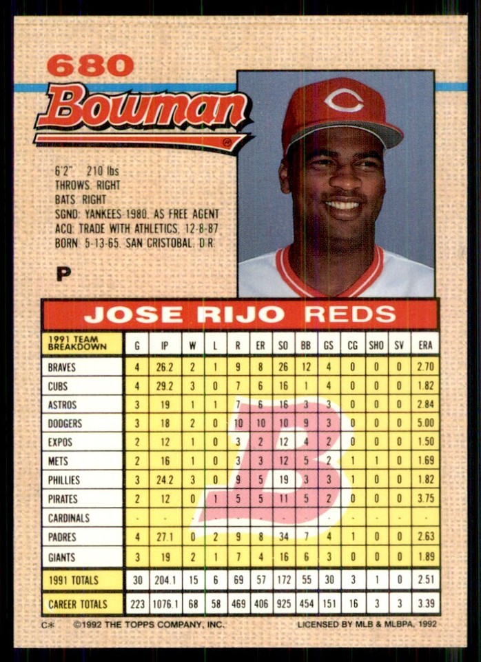 1992 Bowman Jose Rijo Cincinnati Reds #680 | eBay
