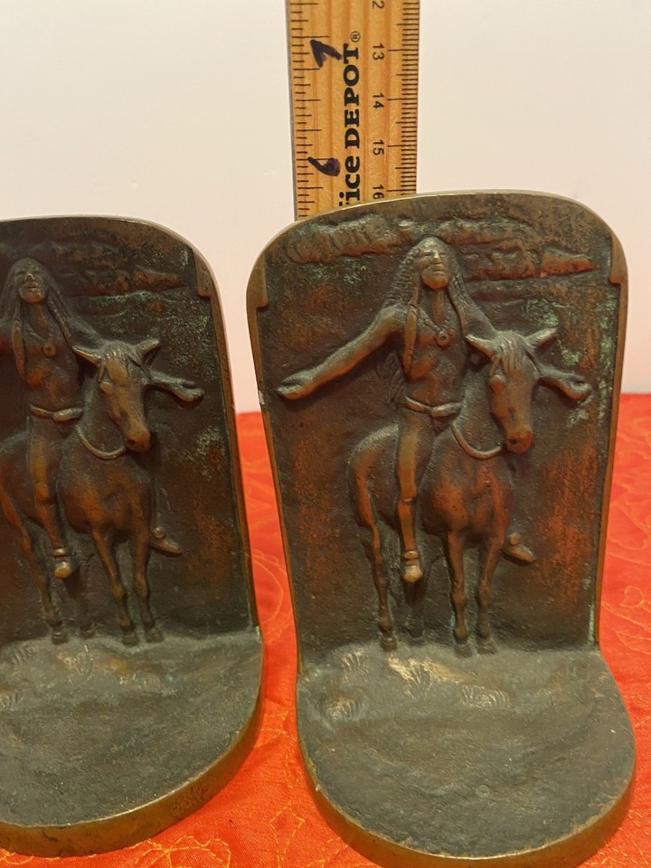 Antique Bronze Bookends Freedom Indian Warrior Art Sculpture Study ...