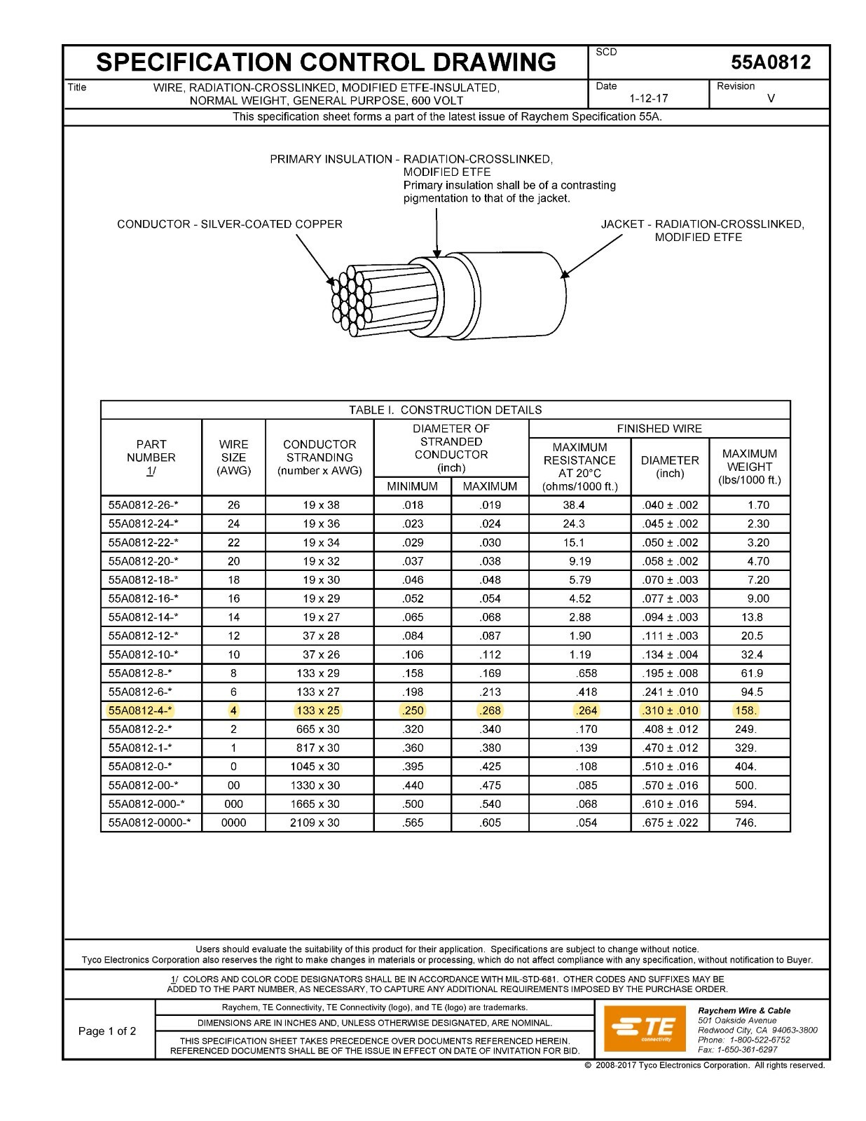 Raychem/TE 22759/43-4-9 #4awg XL-ETFE Spec 55 M22759/43 Milspec Wire ...