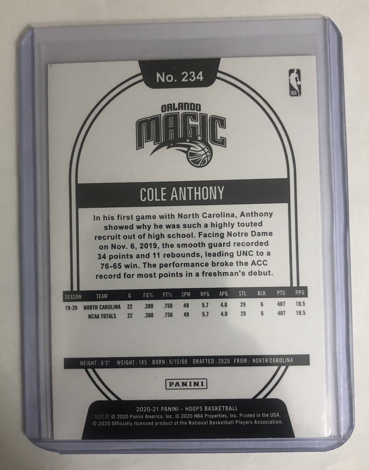 2020-21 Panini NBA Hoops Cole Anthony Rookie Card #234 RC Orlando Magic ...