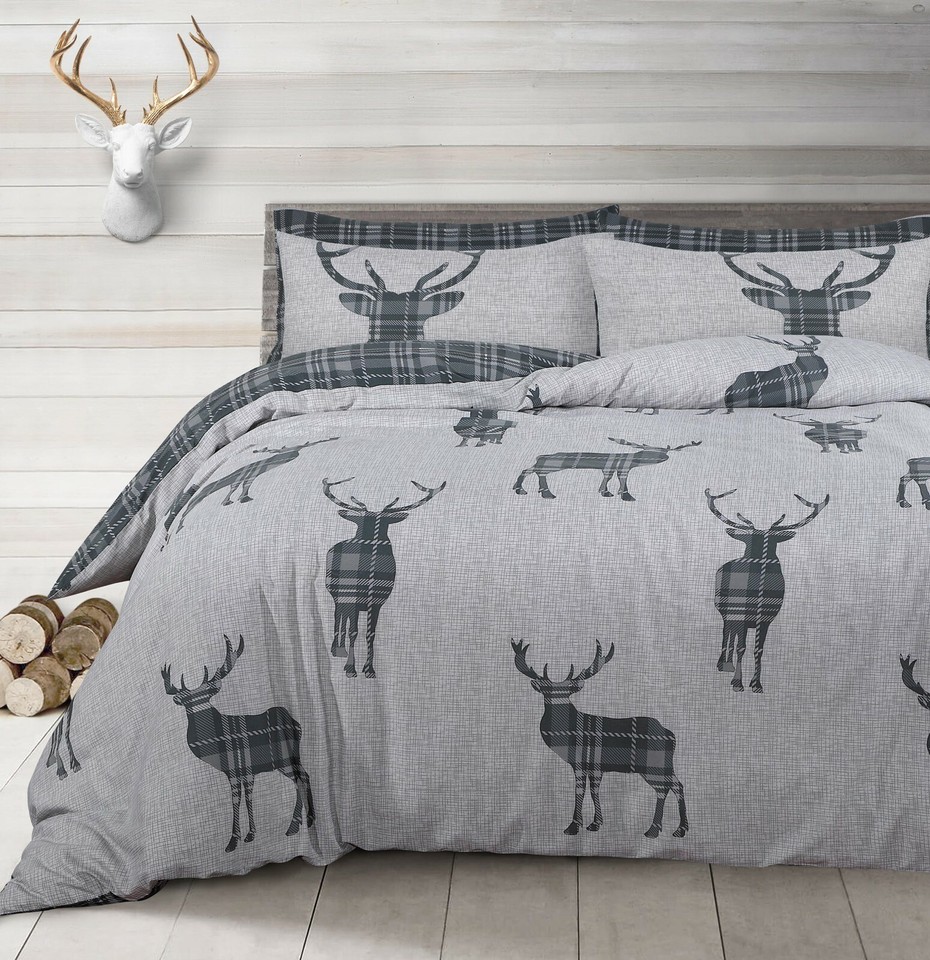 Winter Stag Bedding Set Single Double King Reversible Check Duvet Quilt ...