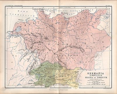 1864 VICTORIAN ANCIENT MAP ~ GERMANIA VINDELICIA RHAETIA NORICUM ...