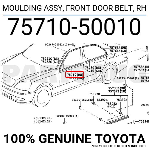 7571050010 Genuine Toyota MOULDING ASSY, FRONT DOOR BELT, RH 75710 ...