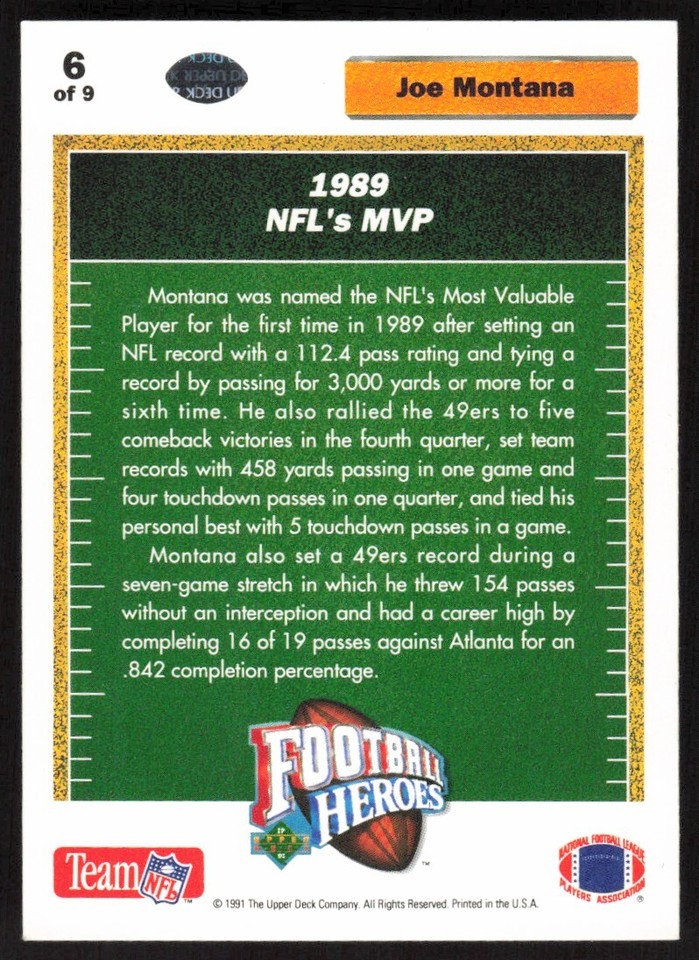 1991 Upper Deck Football Heroes Insert #6 Joe Montana San Francisco ...