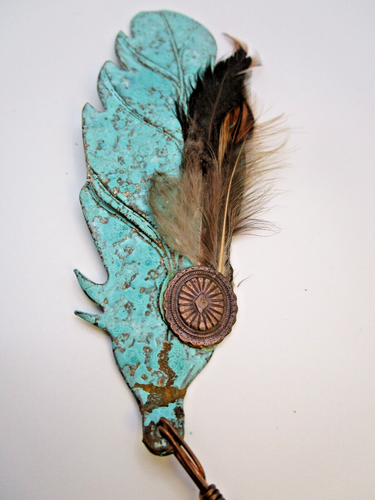 Southwestern Oxidized Copper Metal Feather 6 1/2" w/Medallion/Hanger ...