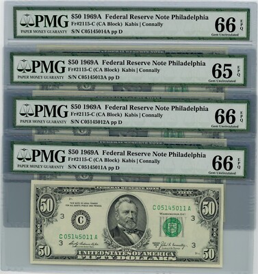Fr. 2115-C $50 1969A 4 Consec. Federal Reserve Note #dc-2479 65-66 EPQ ...