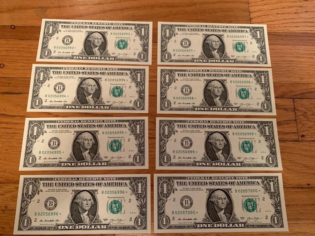 Lot Of new 8 consecutive $1 B Series 2013 Dollar Star Note low serial ...