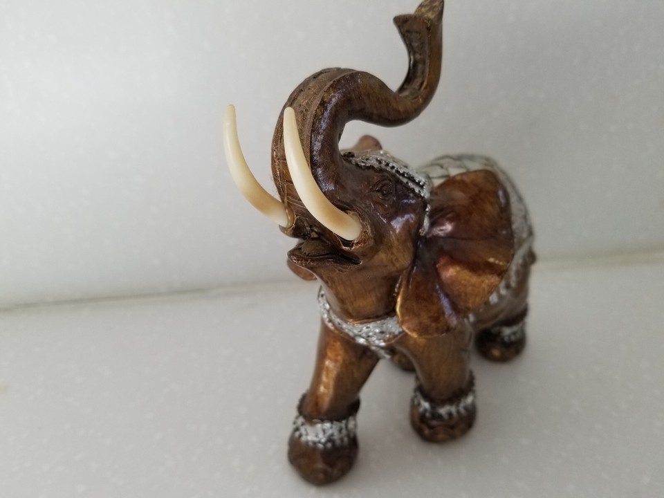 Elephant Trunk Up Resin Figurine with Decorative Ornate Blanket & Trim ...