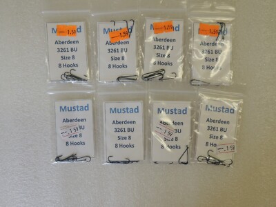 8 packs of 8 Mustad fishing Hooks Aberdeen 3261 BU Blue size 8 New in ...
