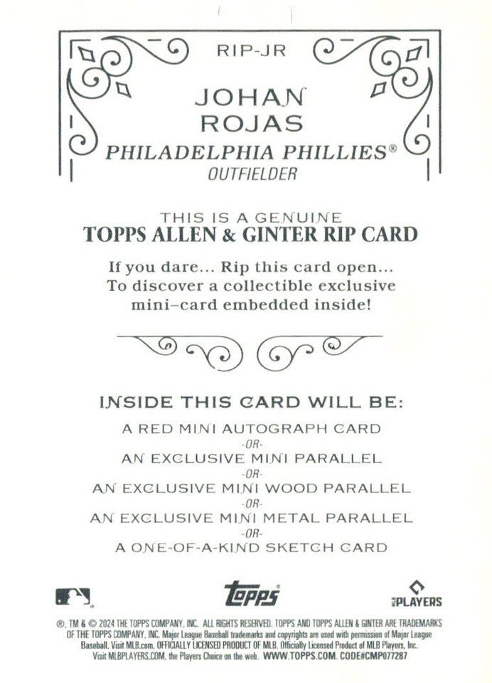 2024 Topps Allen & Ginter Johan Rojas #RIP-JR #/199 Unripped Rip Card ...