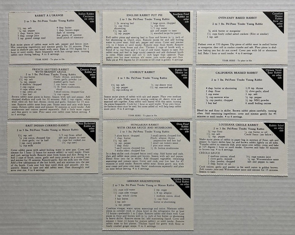 Vintage Pel-Freez Rabbit Meat, Inc. Recipe Cards and Product ...
