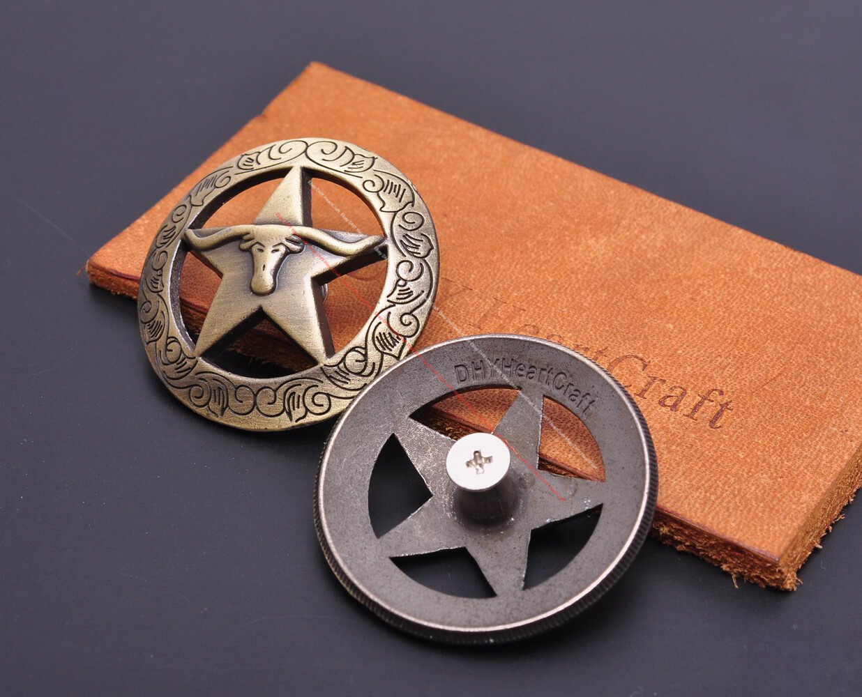 6PC WESTERN LONGHORN STAR RODEO LEATHER CRAFT ANTIQUE BRASS CONCHOS ...