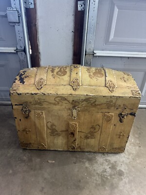 Antique Embossed Metal Oak Banded Dome Top Steamer Trunk Chest. | eBay