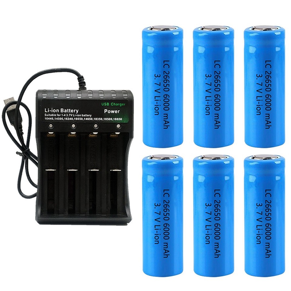 4Pcs 26650 3.7V 6000mAh Rechargeable Battery Batteries & 2-slot Charger ...