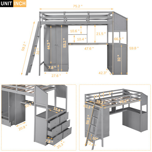 Solid Wood Loft Bed with Desk Wardrobe Drawer Bookshelves Bed Frames ...