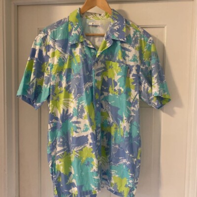 Columbia Mens PFG Button Front Shirt Blue Green Palm Trees Vented Mesh ...