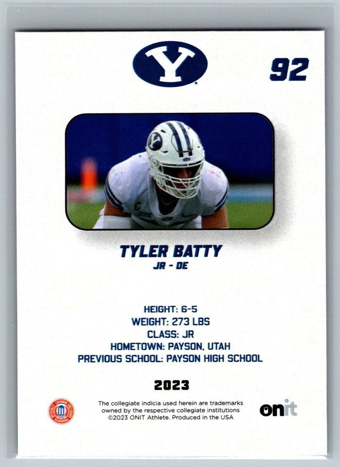 Tyler Batty 2023 ONIT Brigham Young Cougars #61 Football Card RC Rookie ...