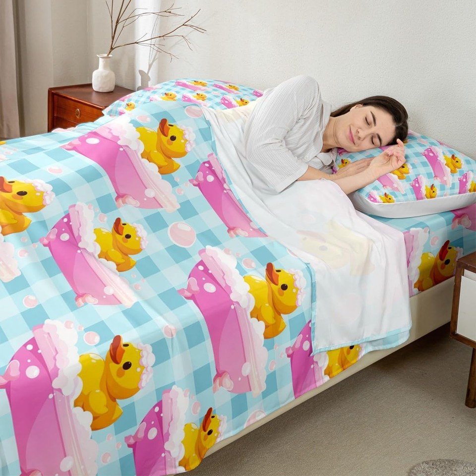 Boys Girls Blue Plaid Twin Bed Sheets Cute Yellow Duck Set Cartoon ...