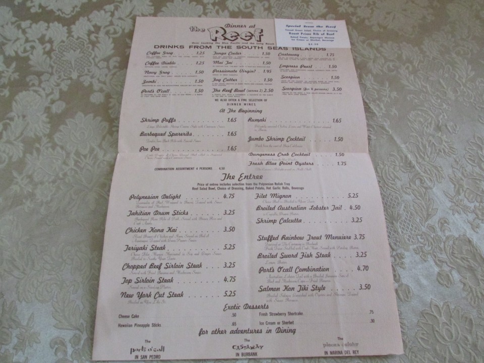 1960s Vintage Menus (2) THE REEF Restaurant Long Beach Harbor Port CA ...