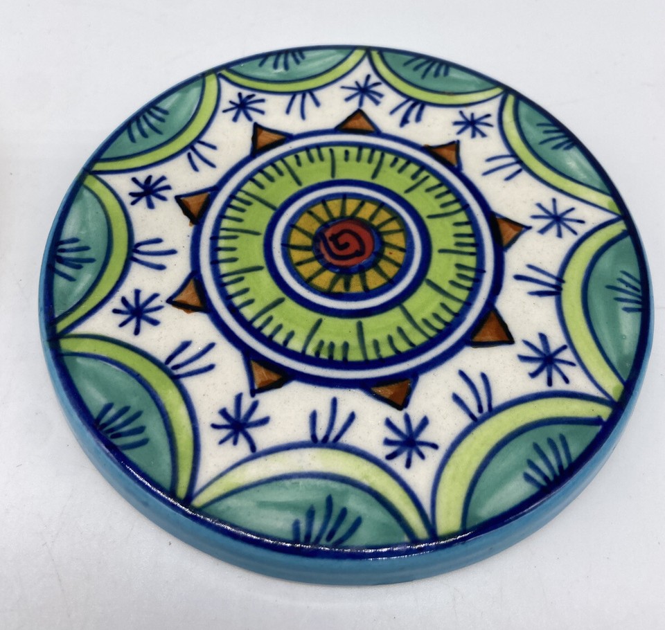 2 PIER 1 Hand Painted Round Ceramic Boho Sunburst Mandala Coasters Blue ...
