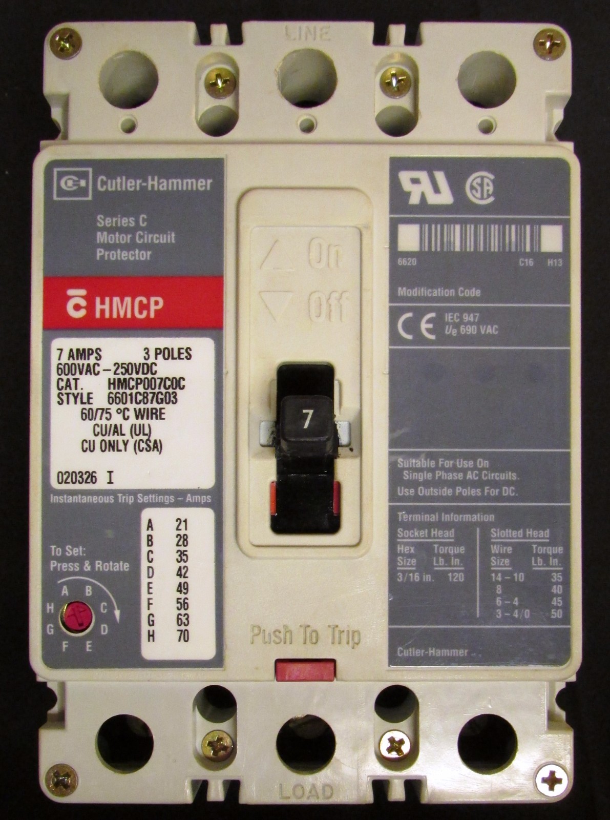 Cutler Hammer Type HMCP Motor Circuit Protector 7 Amp 3 Pole HMCP007C0C ...