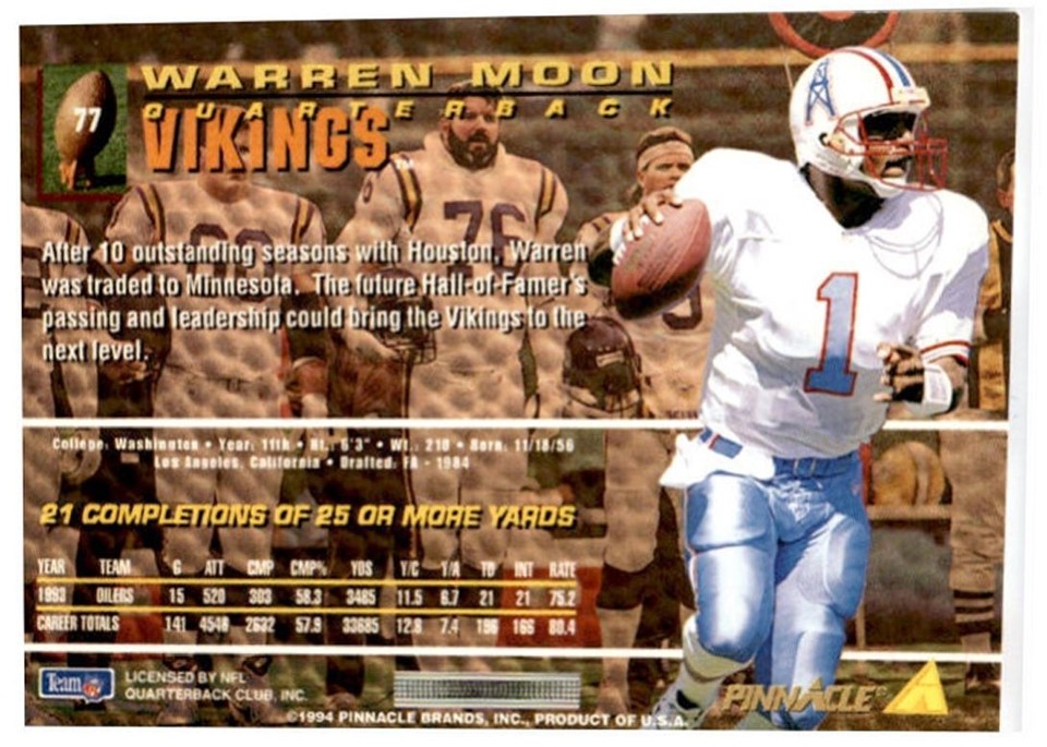 1994 Pinnacle Warren Moon Minnesota Vikings #77 | eBay