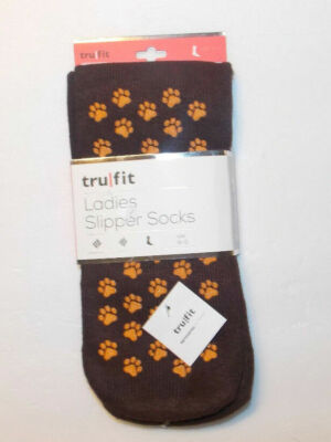 Tru Fit Ladies Slipper Sock Non Slip Grips Orange Paw Print Brown 9-11 ...