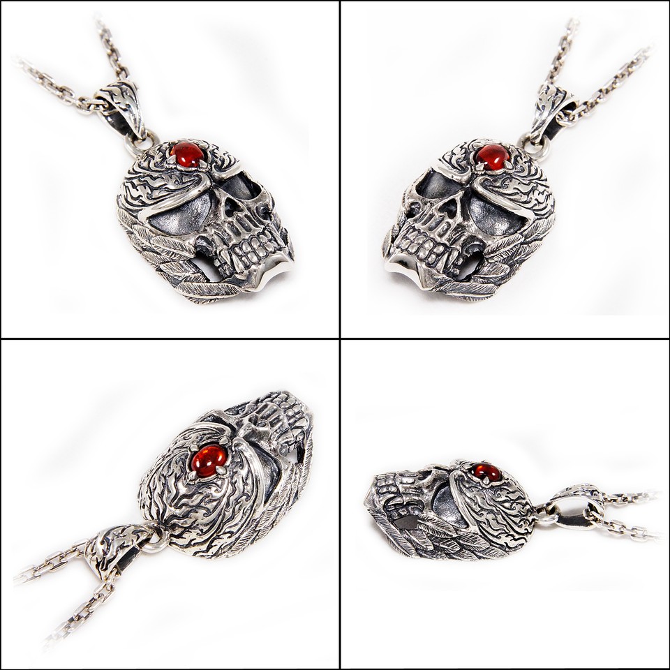 RED STONE DEMON SKULL 925 STERLING SILVER GOTHIC BIKER ROCKABILLY ...