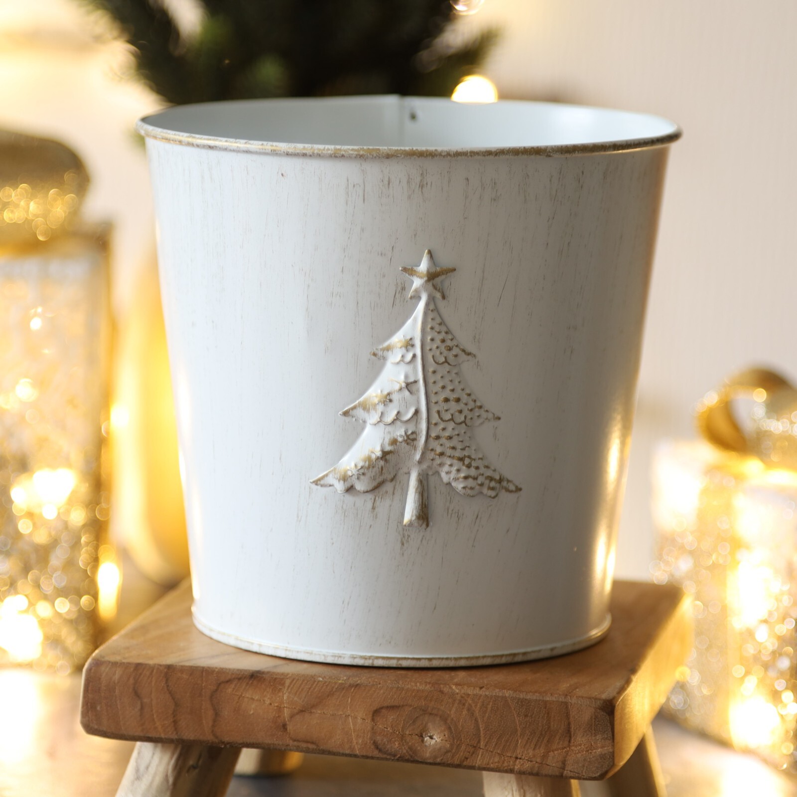 15cm Metal Christmas Tree Embossed Plant Pot Tin Pail Planter Gold ...
