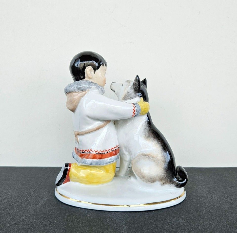 VINTAGE USSR Soviet LFZ Lomonosov PORCELAIN FIGURINE Yakut Boy & Husky ...
