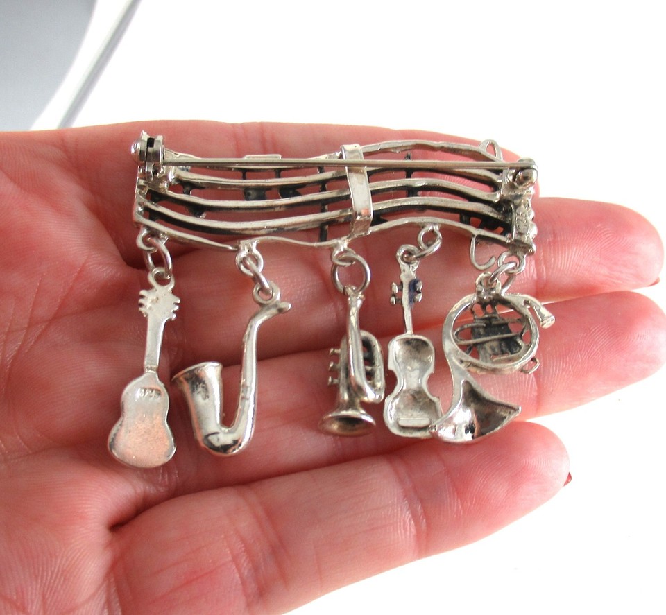 .925 Sterling Silver Musical Instrument Brooch Pin Charms Note Cello ...