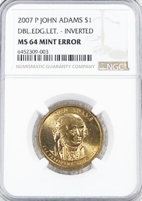 john adams One dollar Coin 2007 MS64 Mint Error Double Edged Lettering ...