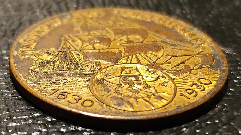 1930 MASSACHUSETTS TERCENTENARY SOUVENIR MEDAL COIN TOKEN SAIL BOAT ...