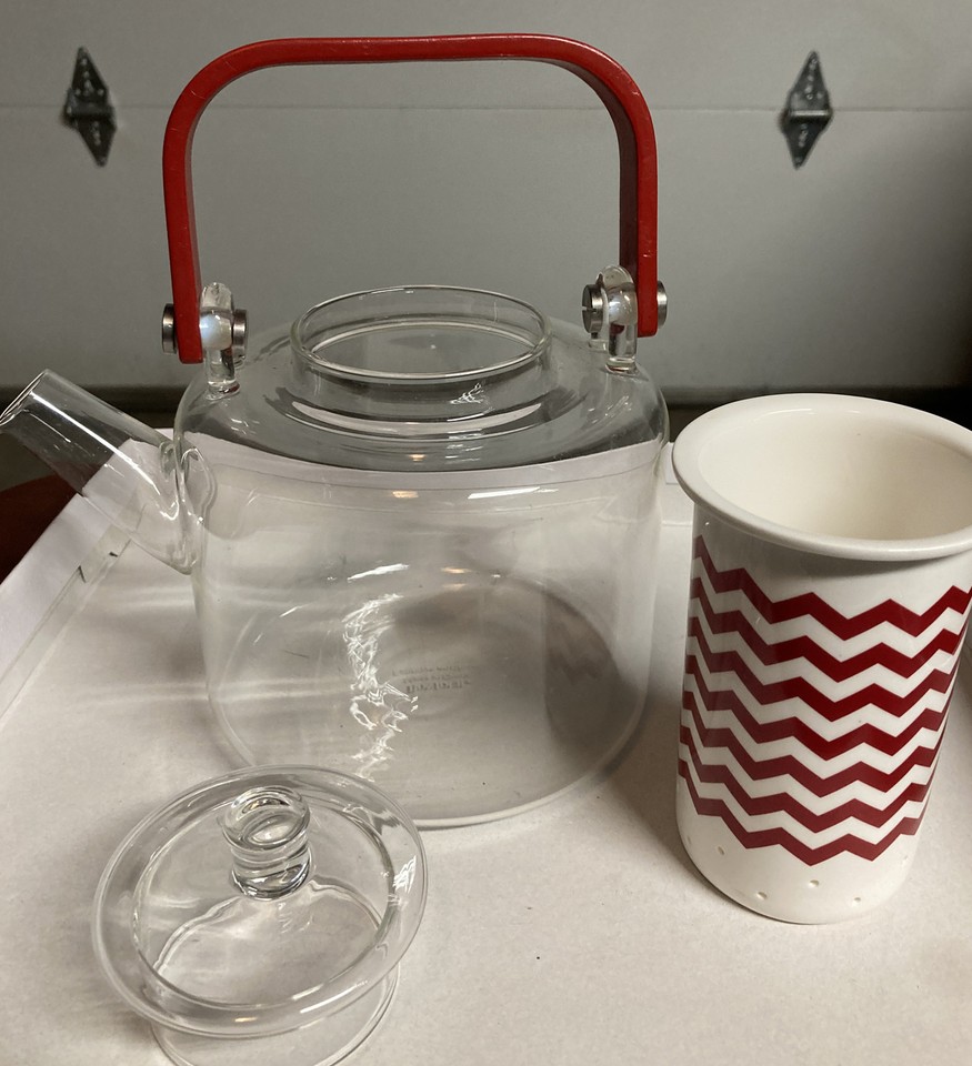 BONJOUR CLEAR GLASS TEA MAKER WITH RED HANDLE/RED AND WHITE DESIGN ...
