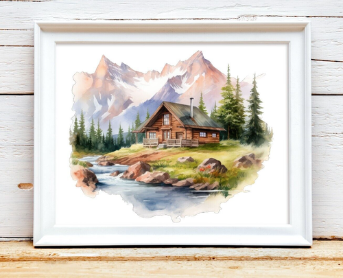 Cabin Art Print, Mountain Cabin Wall Art Print, Art Decor, Forest ...