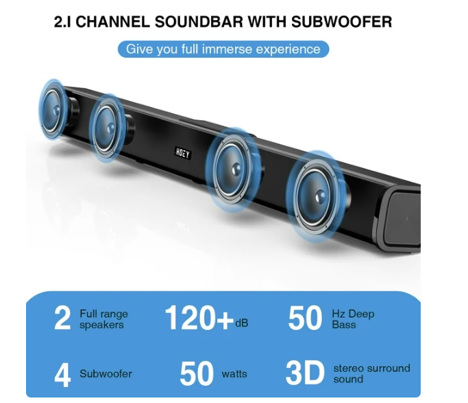 32" HOEY 50W Sound Bar TV Bluetooth 5.0 HDMI ARC Optical AUX Connection ...