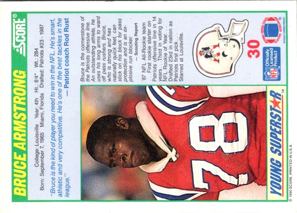 1990 Score Young Superstars Bruce Armstrong #30 New England Patriots | eBay