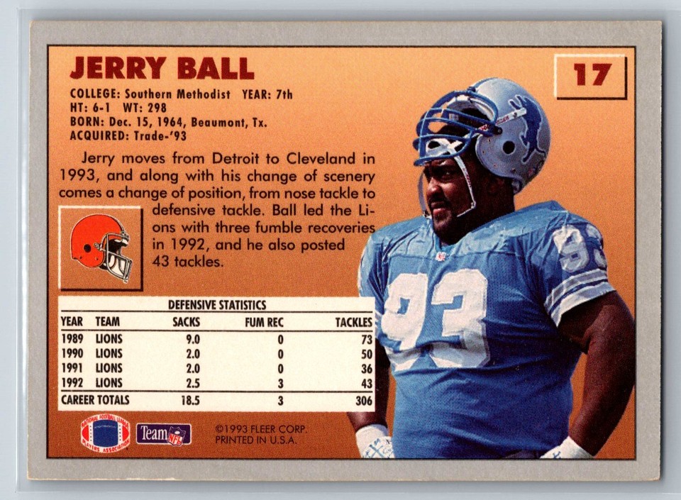 1993 Fleer Jerry Ball Cleveland Browns #17 | eBay