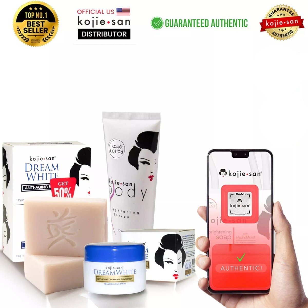 Kojie San Total Skin Lightening Set Soap Lotion Cream 7 Pcs Kojie San