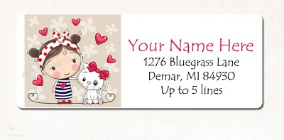 CUTE Whimsical Red Hearts Girl w/Kitty Custom Personalized Return ...