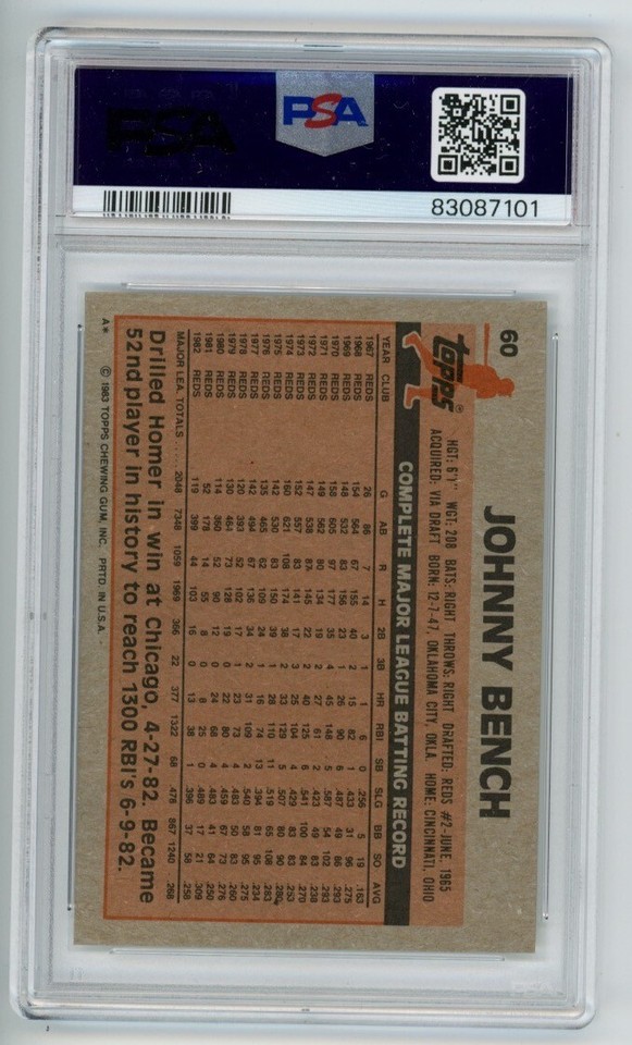 1983 Topps #60 Johnny Bench Cincinnati Reds HOF PSA 10 Gem Mint | eBay