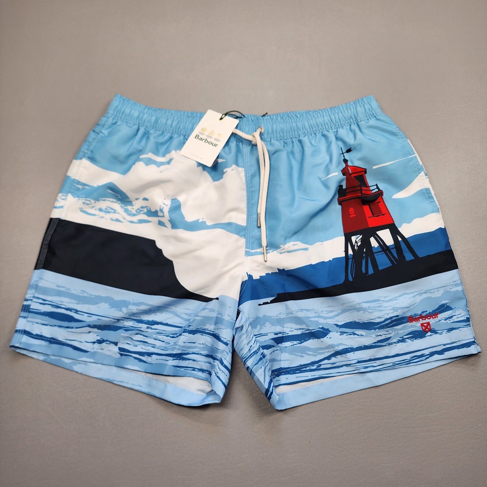 Barbour Swim Shorts Blue White Red Ocean Lighthouse Beacon Print Men's ...