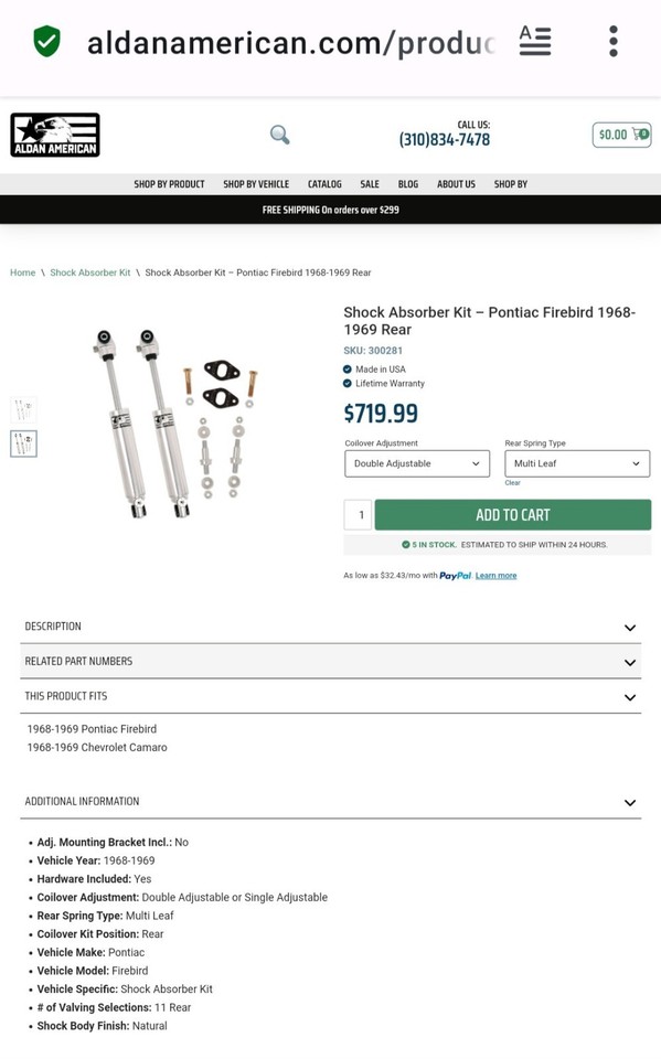 1968-69 Camaro Firebird DOUBLE Adjustable Aldan American Rear Shocks ...