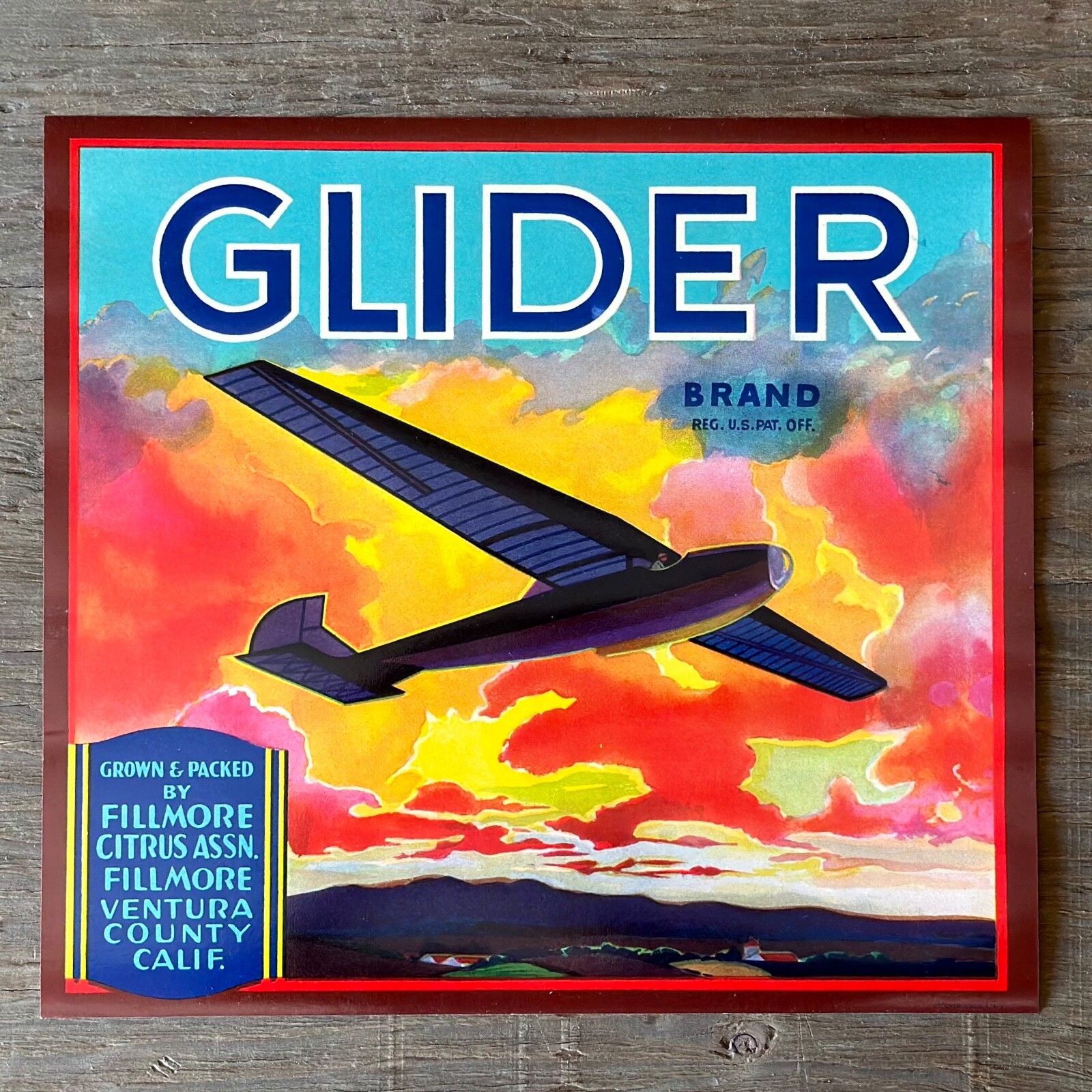 Vintage Original 1930s GLIDER Orange CITRUS CRATE LABEL Airplane Plane ...