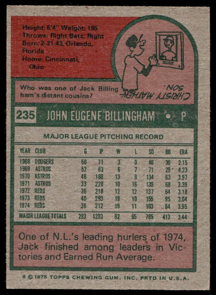 Jack Billingham 1975 Topps 235 Cincinnati Reds Baseball Card | eBay