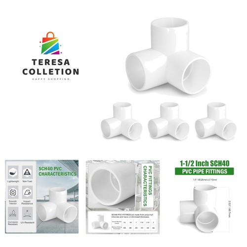 3 Way PVC Pipe Fittings 1-1/2 Inch, White PVC Elbow Corner Side Outlet ...