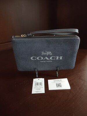 Coach Large Corner Zip Wristlet With Horse and Carriage Logo Blue Denim ...